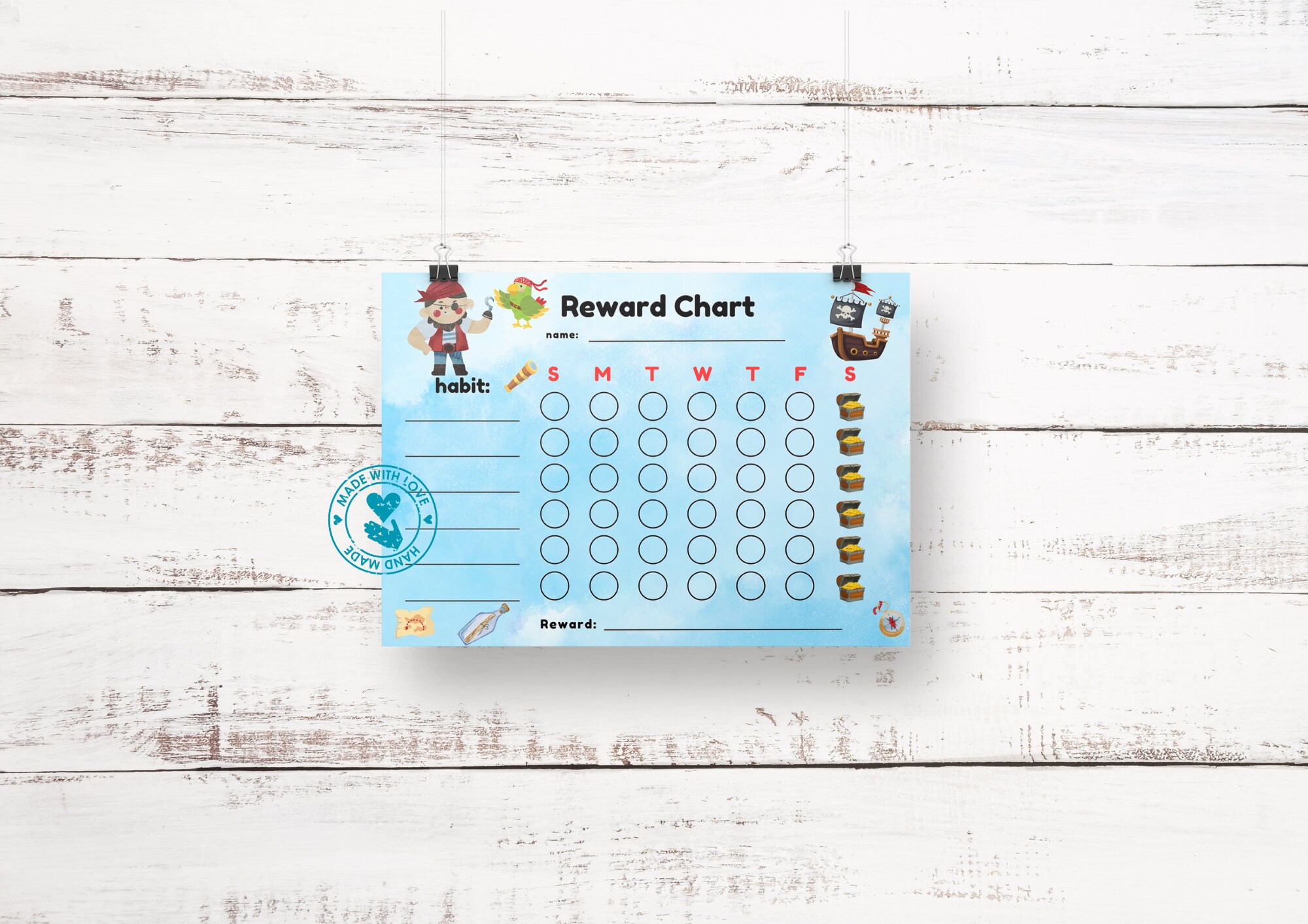 Pirate Boy Reward Chart for Kids, Habit Tracker, Behaviour Tracker, Fun ...