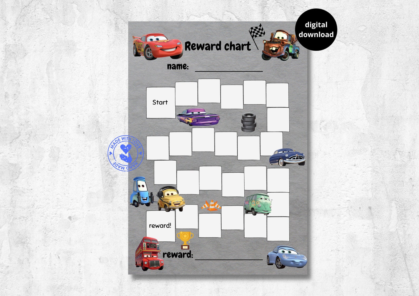 Cars Reward Chart for Kids, Lightning Mcqueen Mater, Cars Movie ...