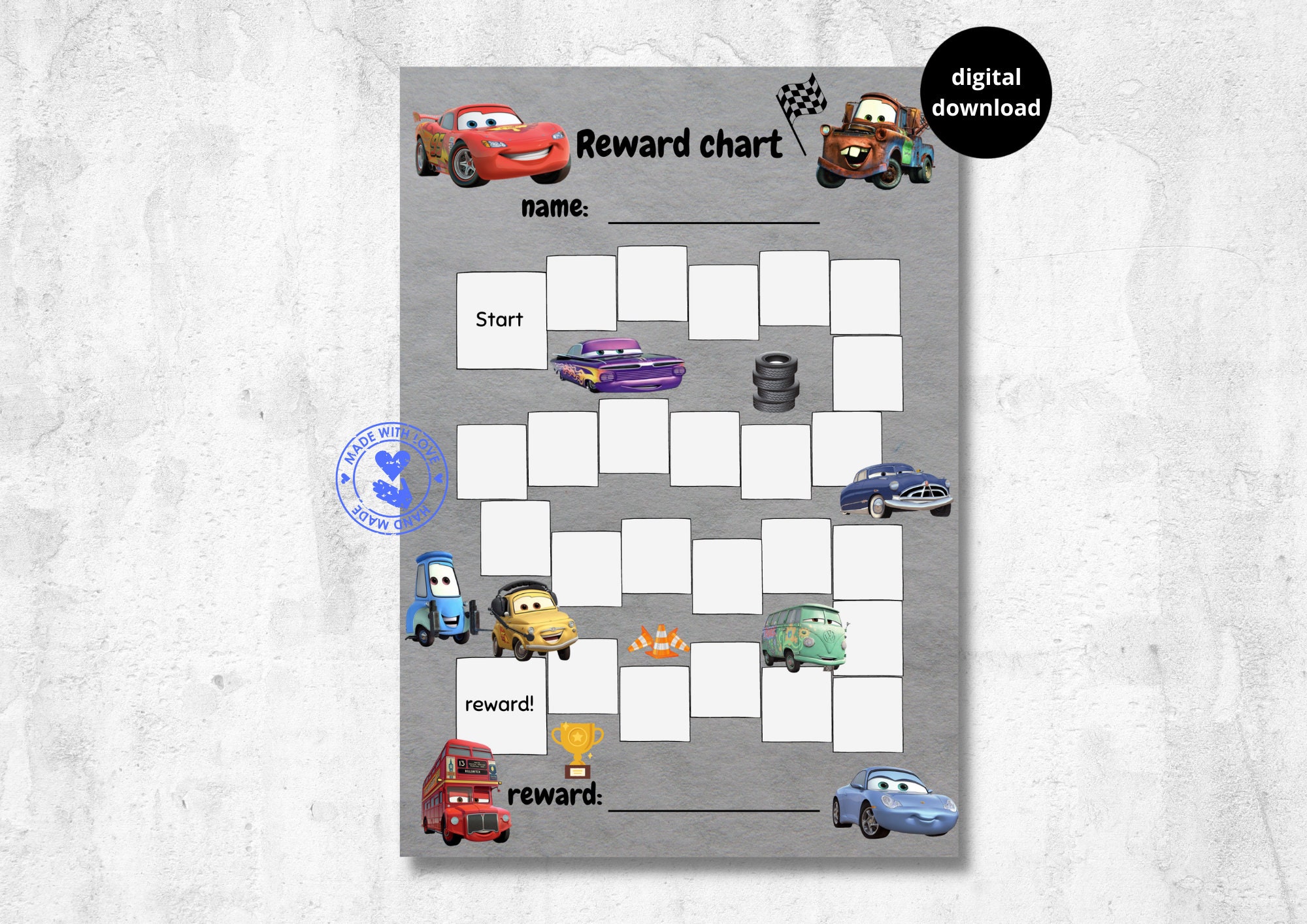 Cars Reward Chart for Kids, Lightning Mcqueen Mater, Cars Movie ...