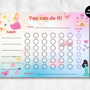 Princess Themed Reward Chart for Kids, Beautifull Castle, Rainbow ...