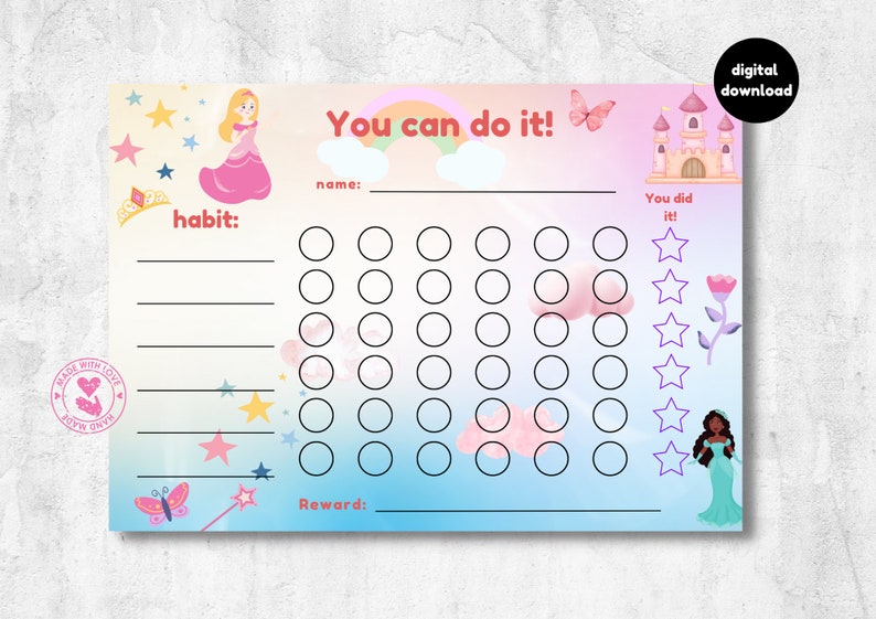 Princess Themed Reward Chart for Kids, Beautifull Castle, Rainbow ...