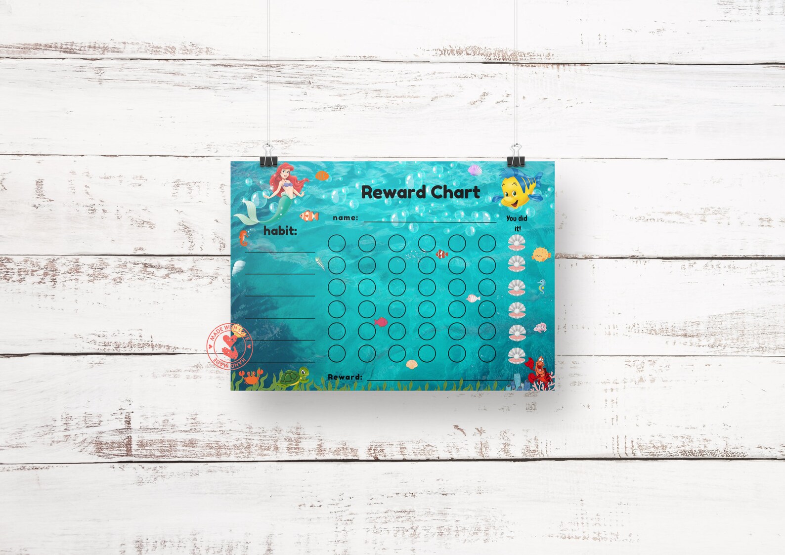 The Little Mermaid Reward Chart for Kids, Ariel, Sea Animalshabit ...