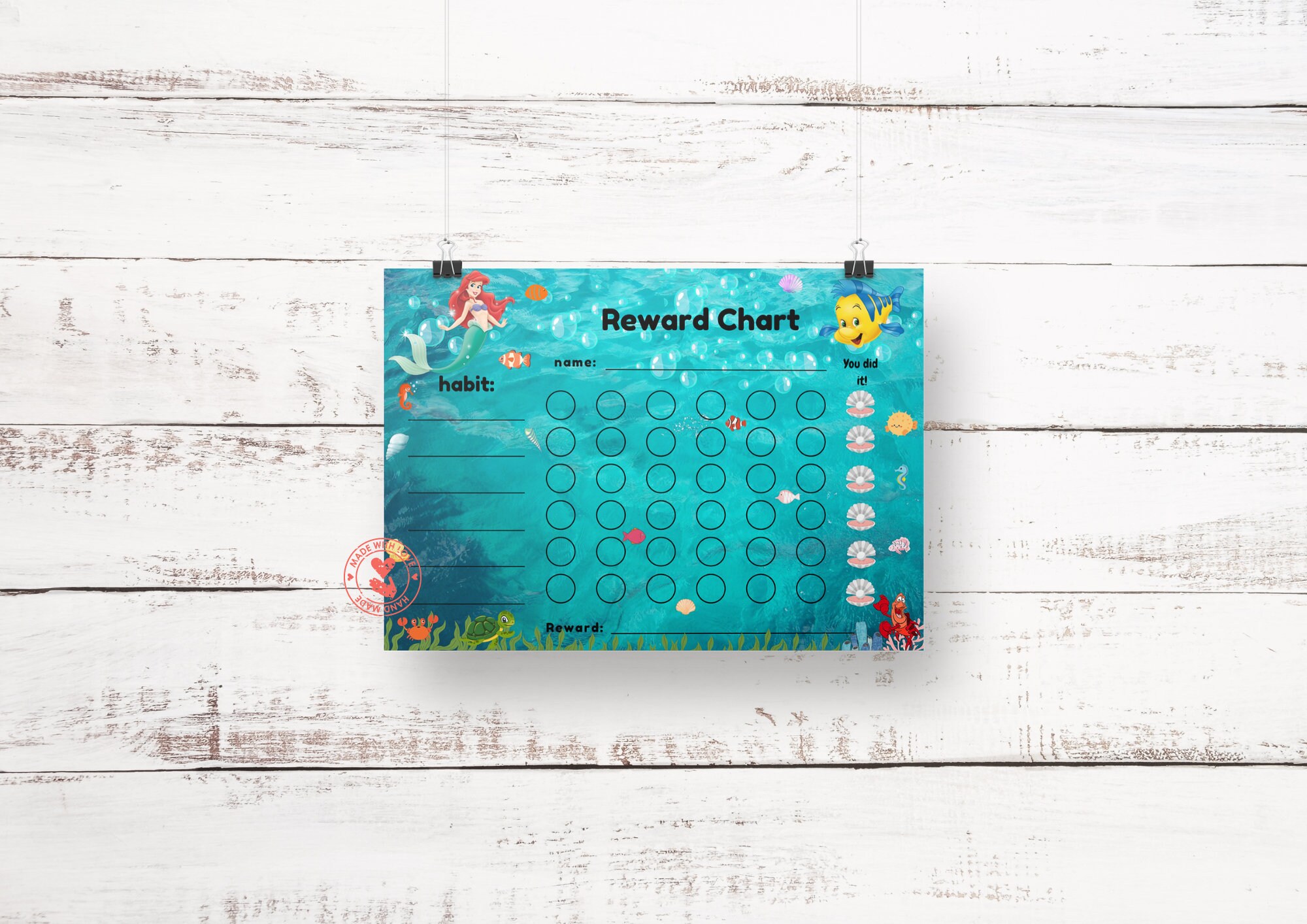 The Little Mermaid Reward Chart for Kids, Ariel, Sea Animalshabit ...