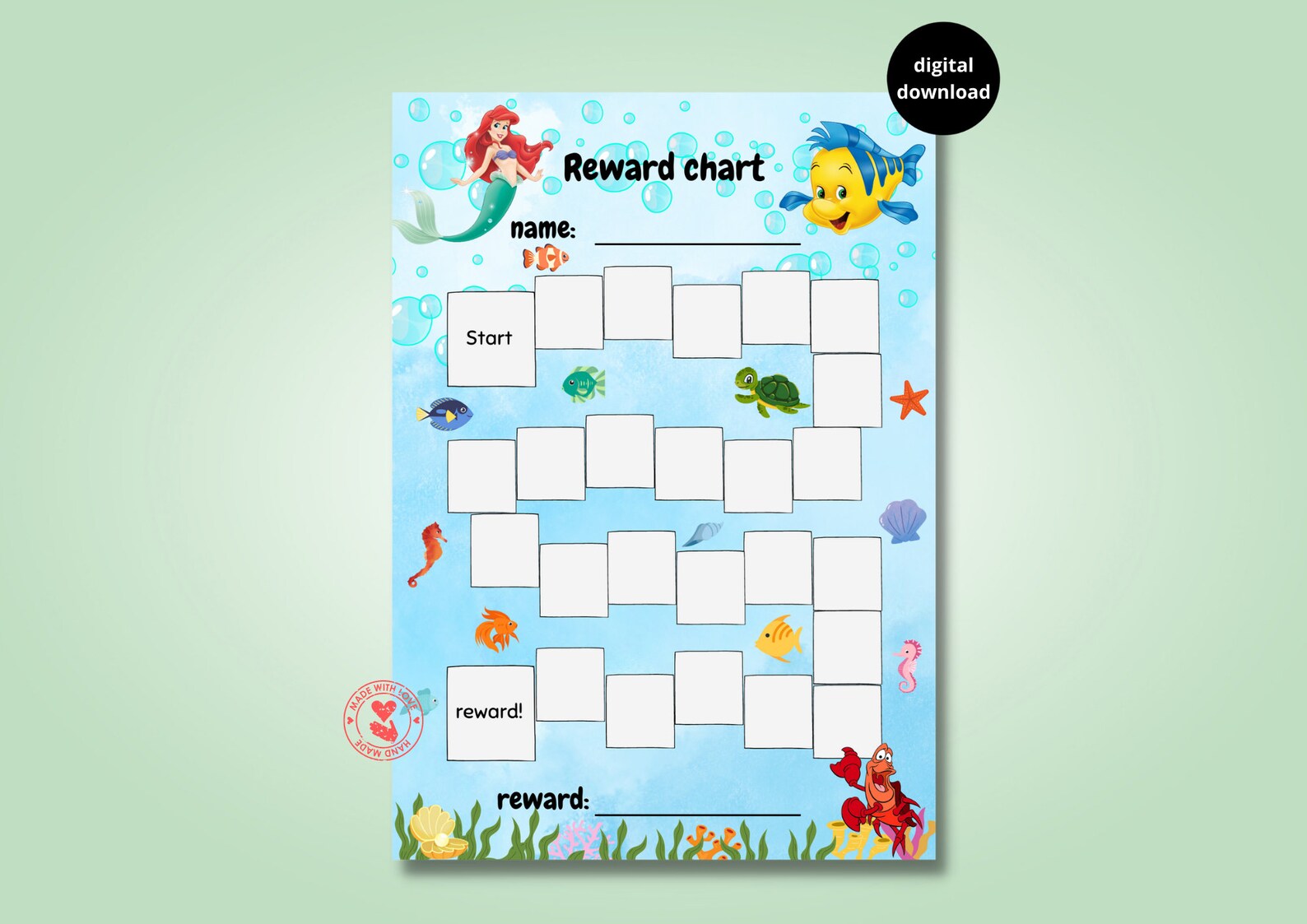 The Little Mermaid Reward Chart for Kids, Ariel, Sea Animalshabit ...