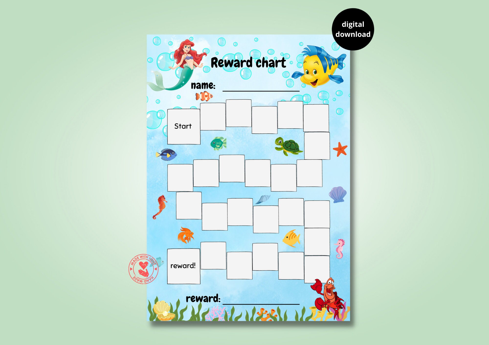 The Little Mermaid Reward Chart for Kids, Ariel, Sea Animalshabit ...