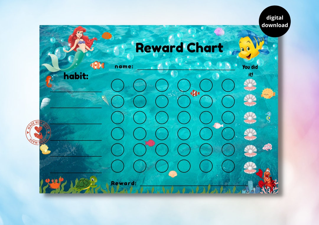 The Little Mermaid Reward Chart for Kids, Ariel, Sea Animalshabit ...