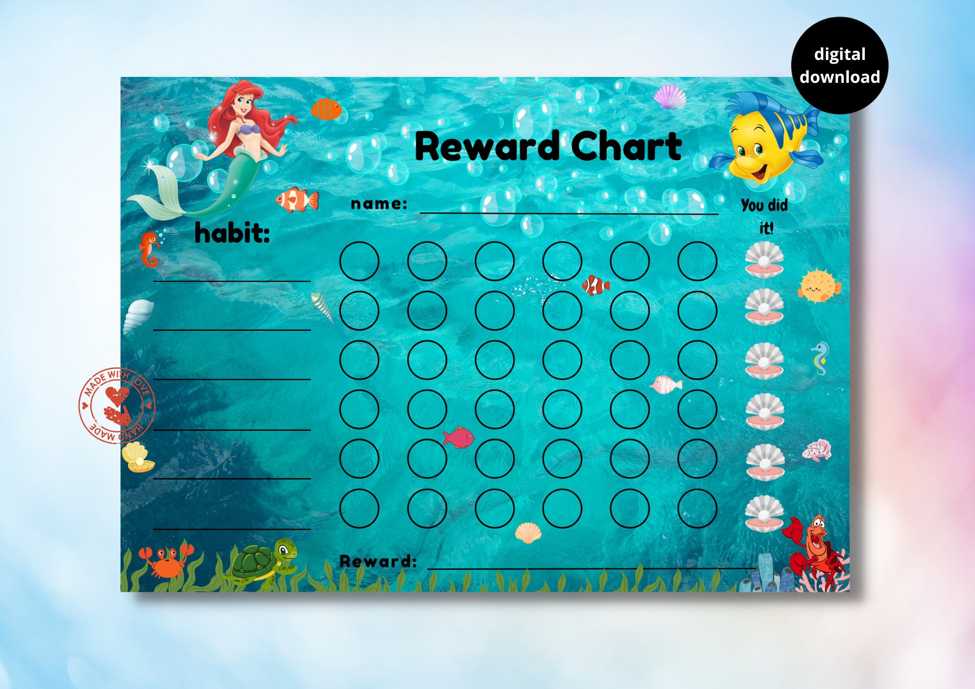 The Little Mermaid Reward Chart for Kids, Ariel, Sea Animalshabit ...
