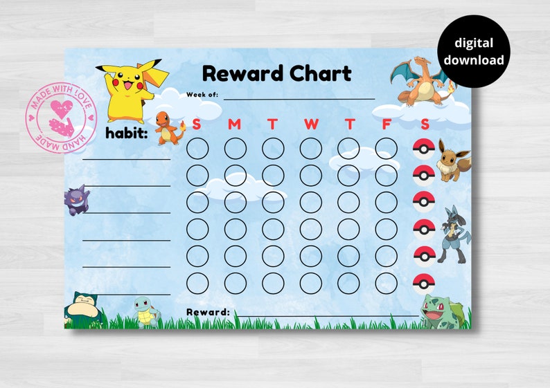 Pokémon Reward Chart for Kids, Habit Tracker, Pokemon, Pikachu, Snorlax ...