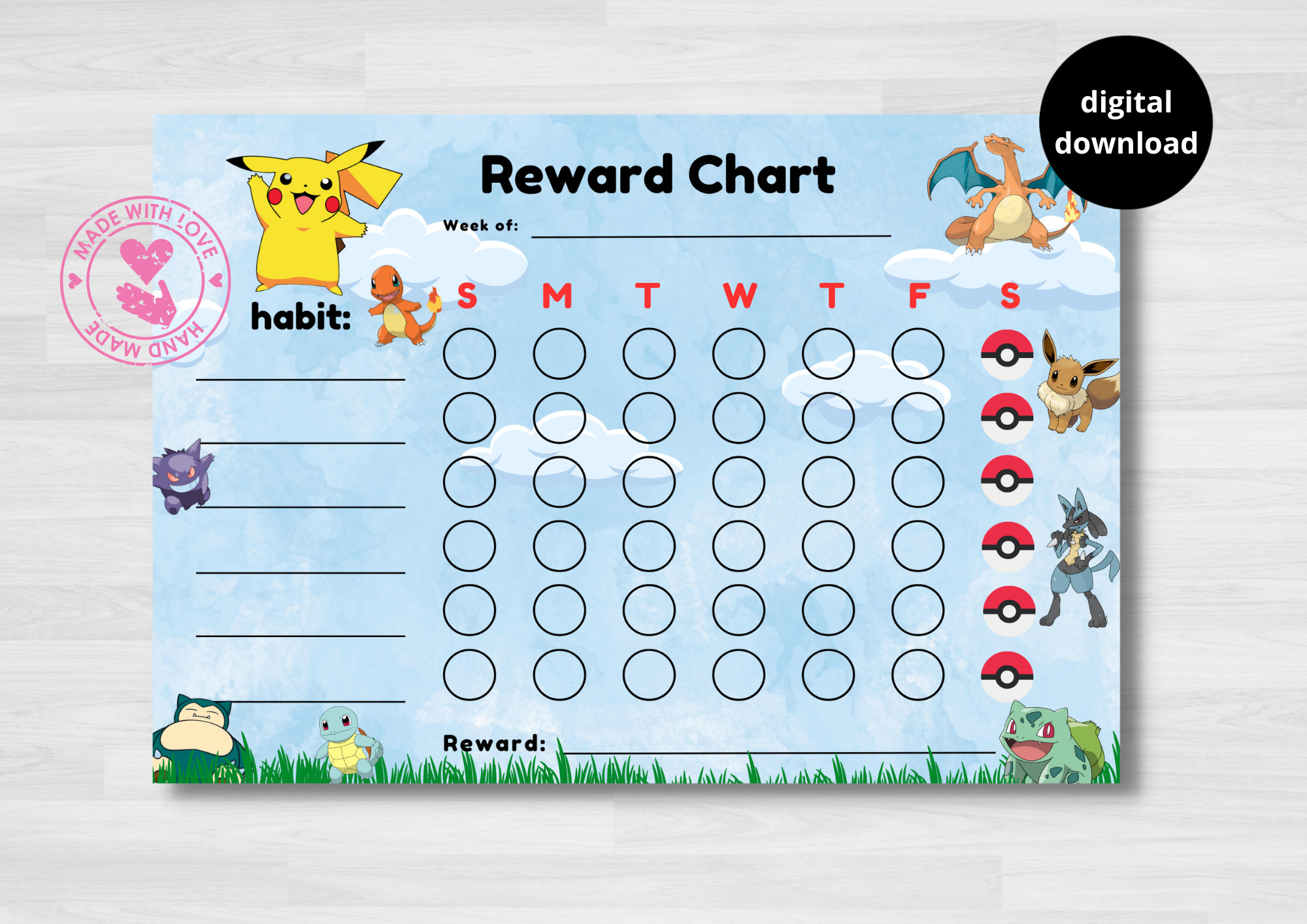 Pokémon Reward Chart for Kids, Habit Tracker, Pokemon, Pikachu, Snorlax ...