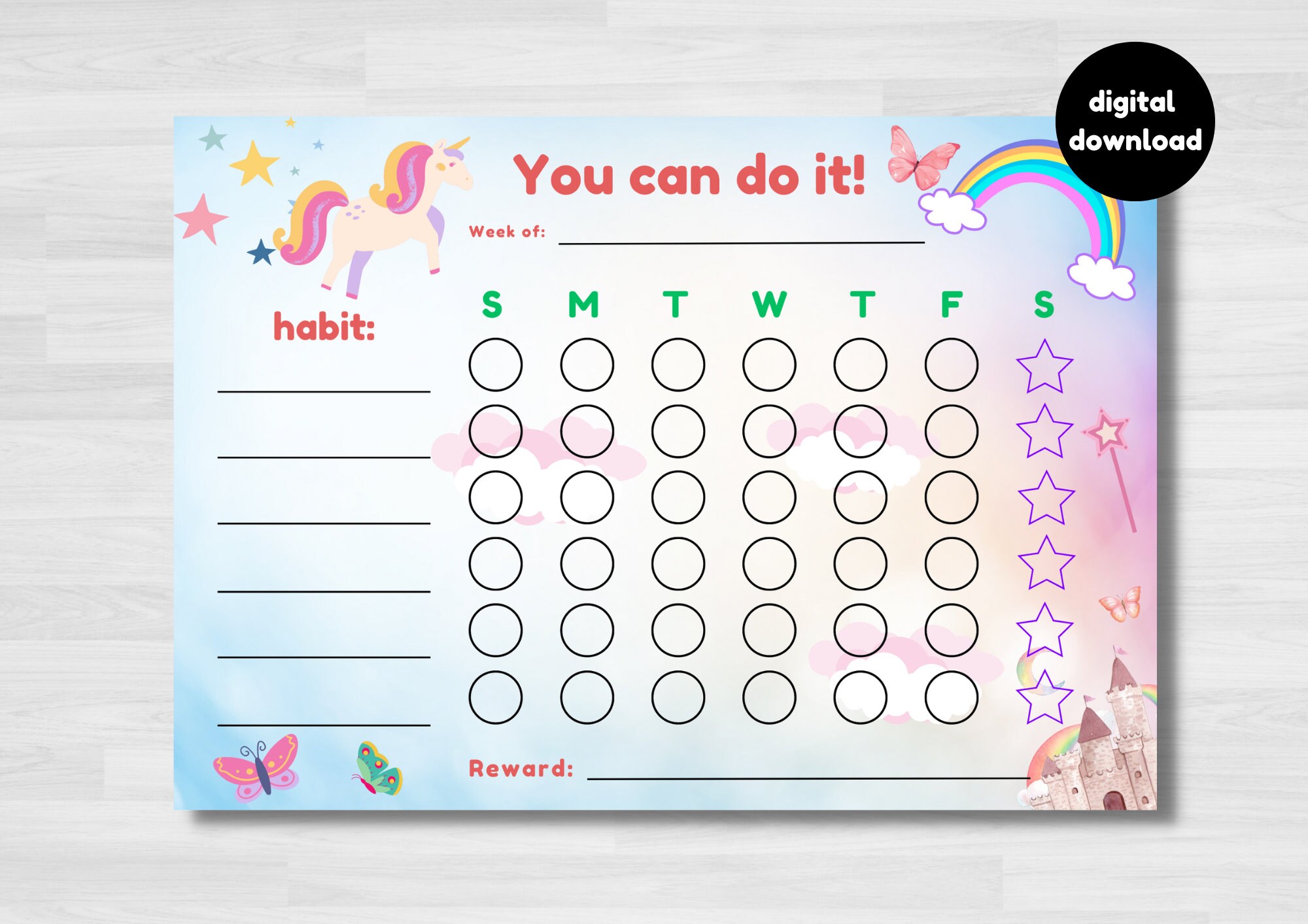 Unicorn Reward Chart for Kids, Rainbow, Princess, Behaviour Tracker ...