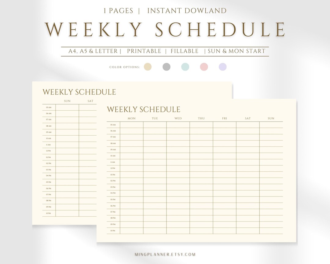 Hourly Weekly Schedule, Weekly Schedule Printable, Week at a Glance ...