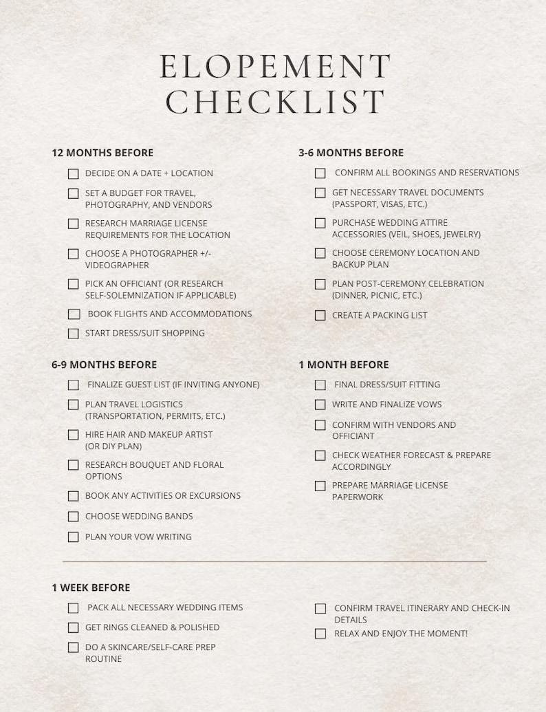 Elopement Checklist Printable | Wedding Planning Guide | Editable Canva ...