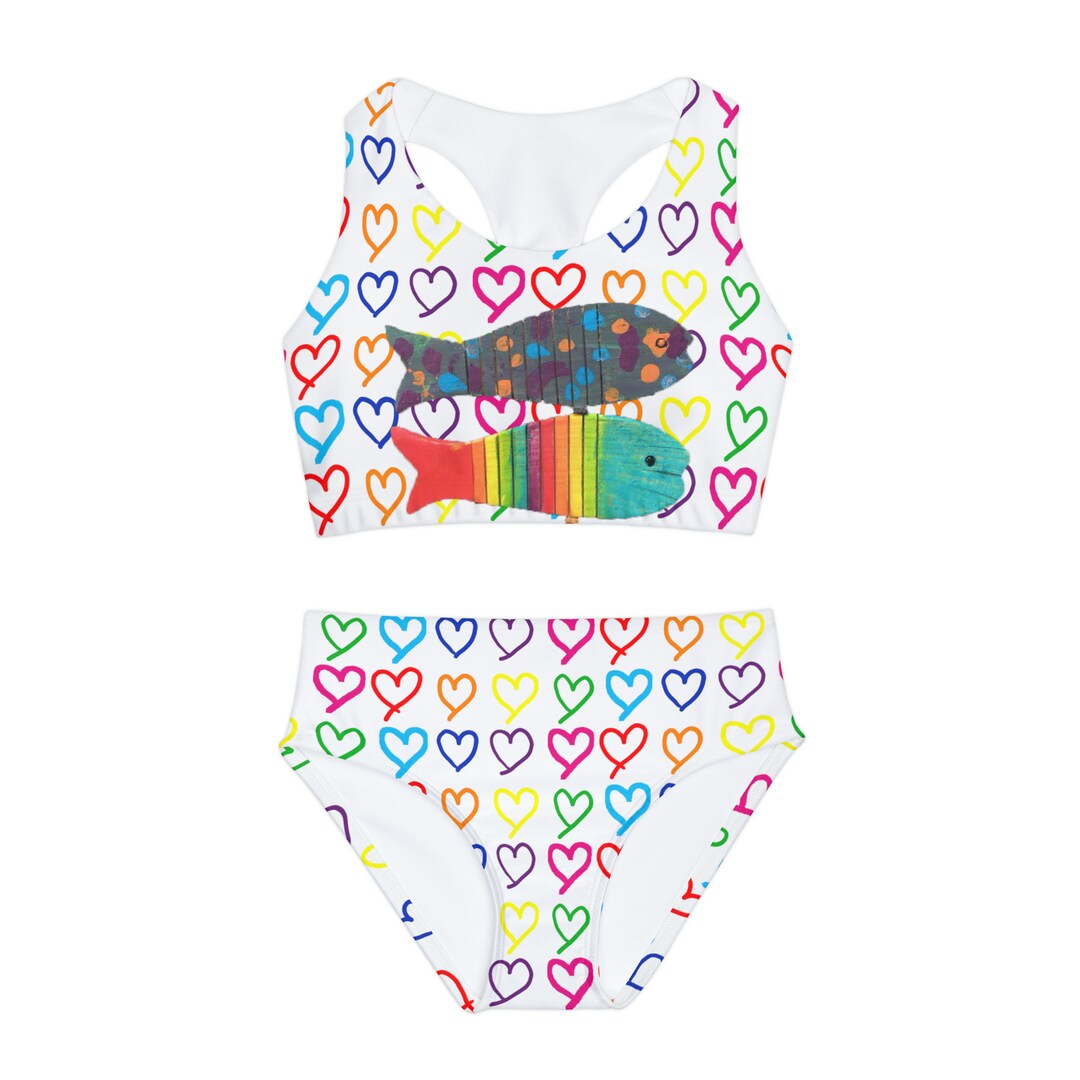 Girls Two Piece Swimsuit AOP Fishies Design on 8 Color Rainbow Hearts ...