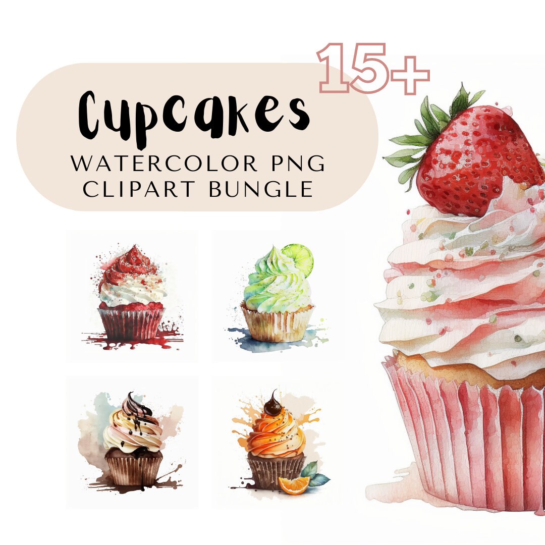 Watercolor Cupcake Clipart Bundle, Baking Clipart, Kawaii Cupcakes ...