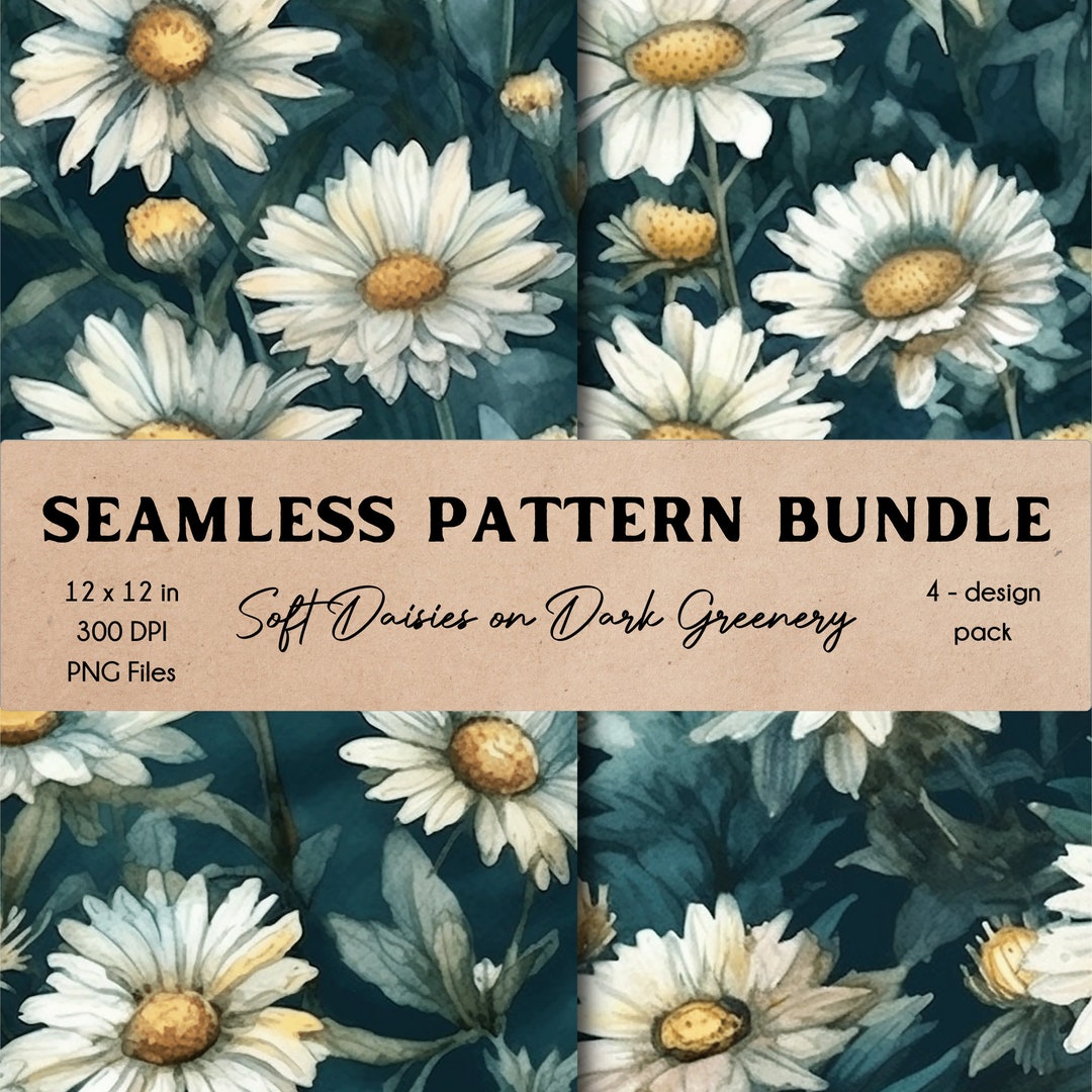 Soft Daisies on Dark Greenery Digital Paper Bundle Floral Watercolor ...