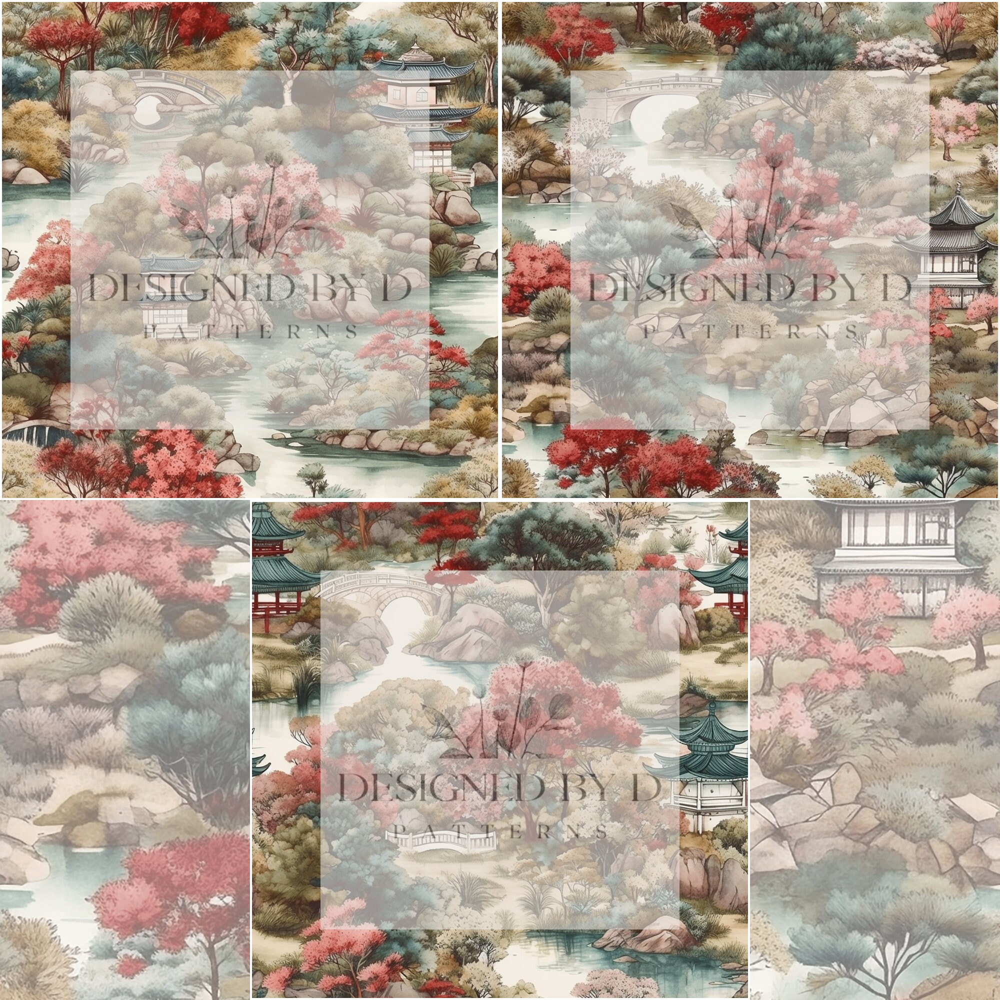Elegant Japanese Gardens Digital Paper Set Seamless Pattern Bundle ...