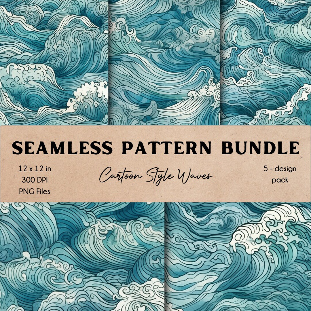Cartoon Style Waves Seamless Pattern Nature Prints Digital Download ...