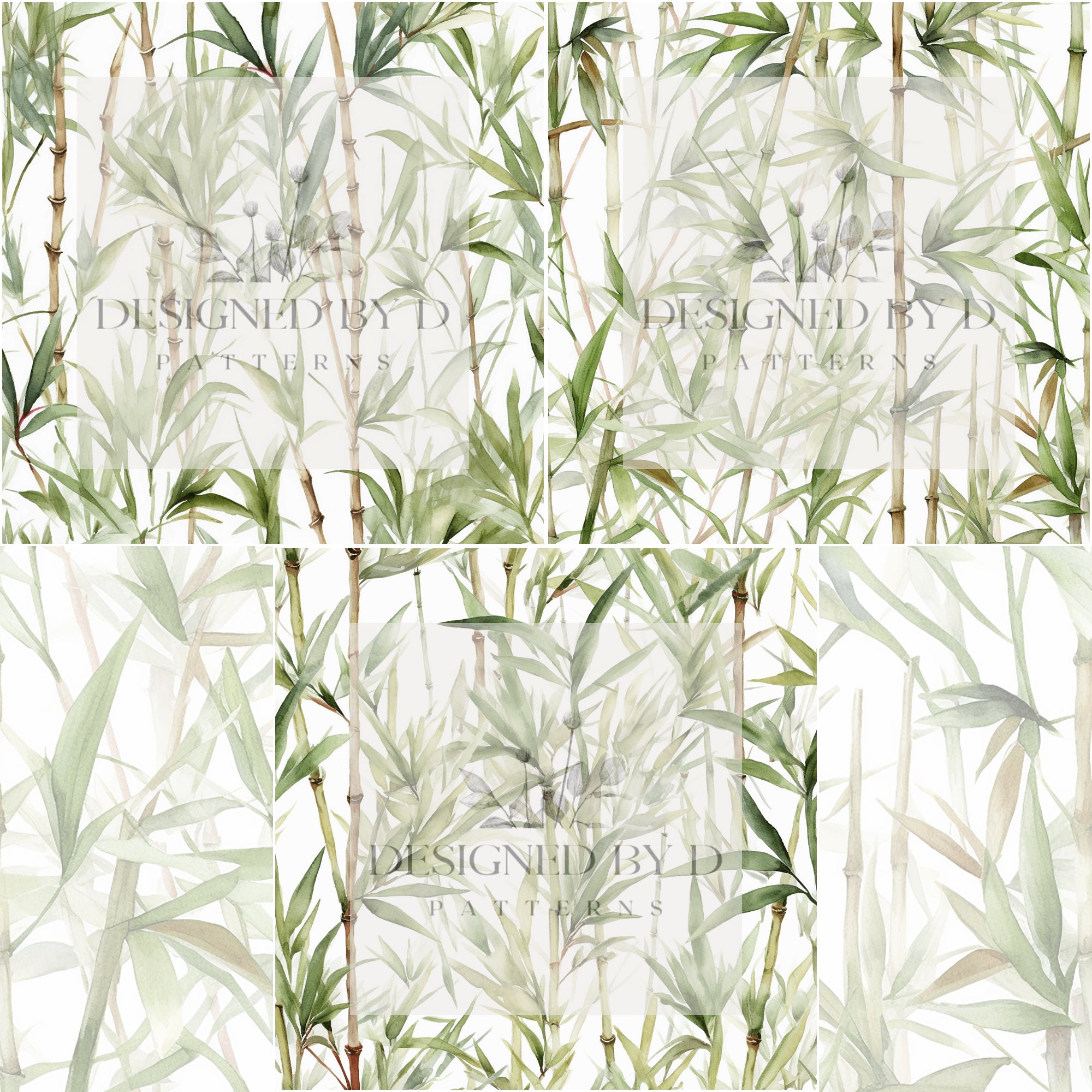 Minimalist Bamboo Illustrations Digital Paper Set Seamless Pattern ...