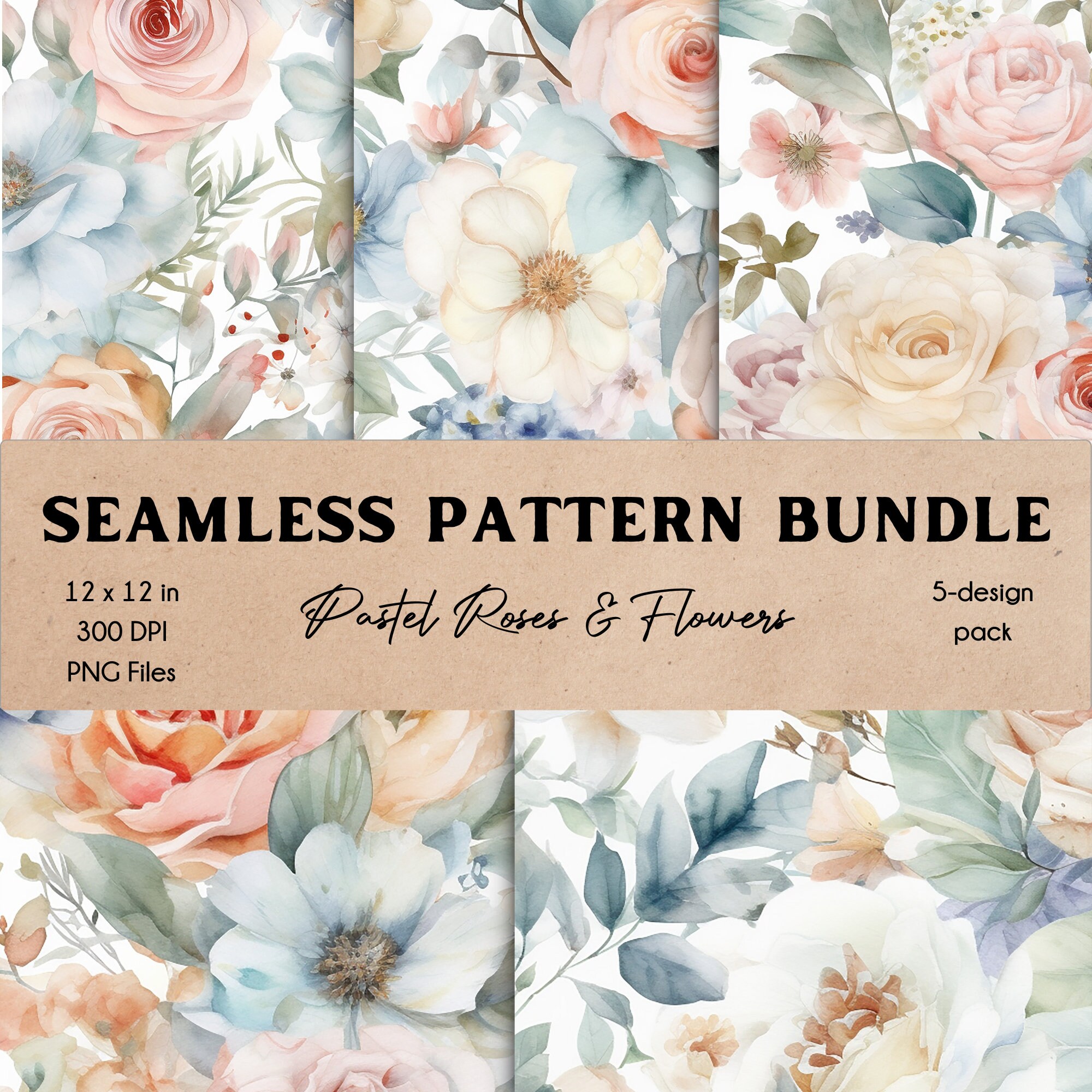 Pastel Roses & Flowers Seamless Pattern Bundle Floral Watercolor ...