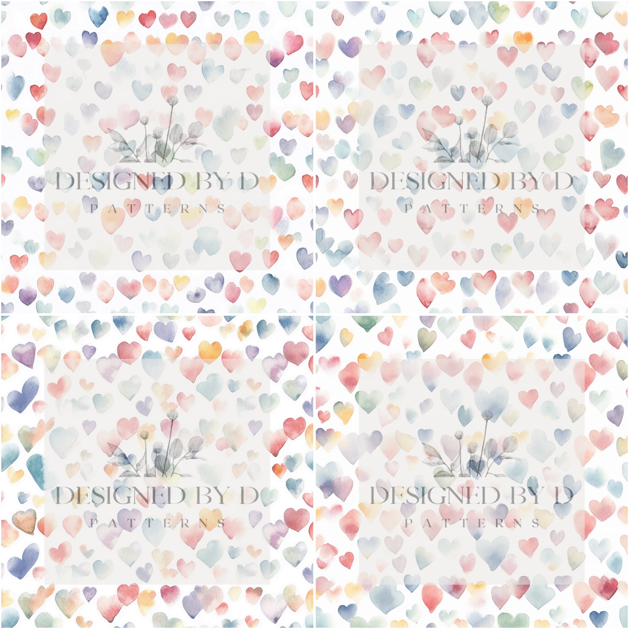 Cute Pastel Hearts Watercolor Seamless Pattern Valentines Bundle ...