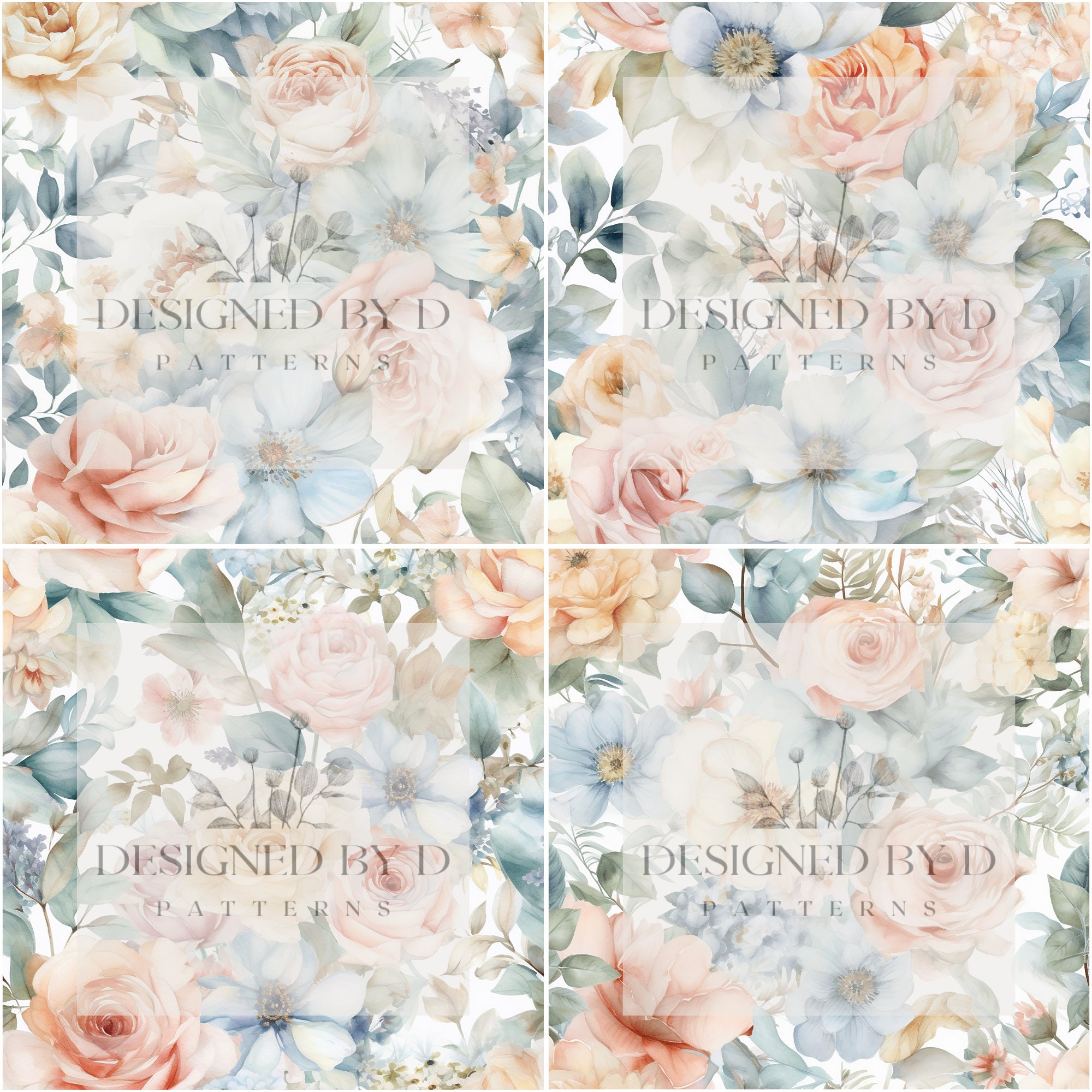 Pastel Roses & Flowers Seamless Pattern Bundle Floral Watercolor ...