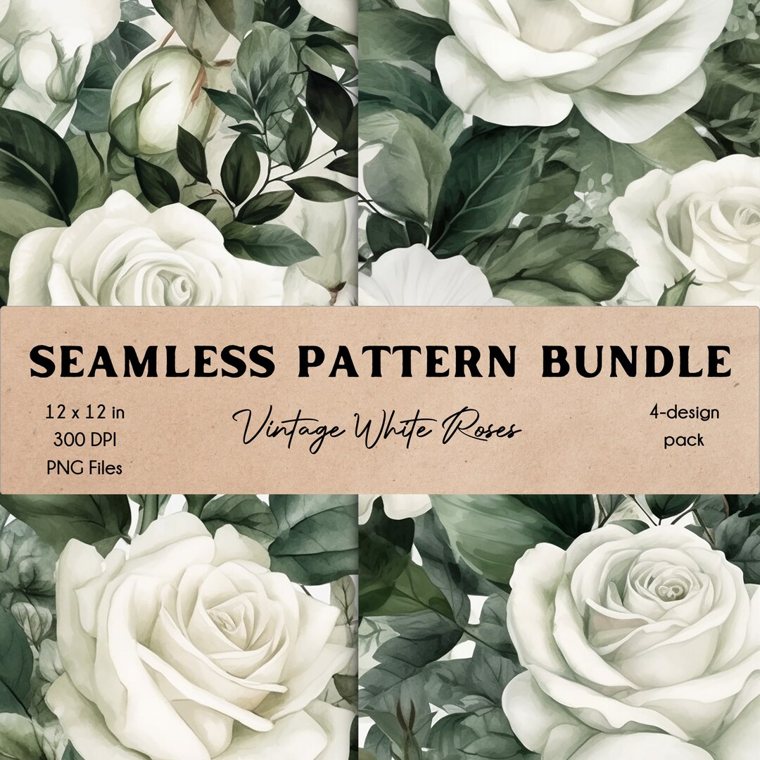 Vintage White Roses Digital Seamless Pattern Paper Bundle Watercolor ...