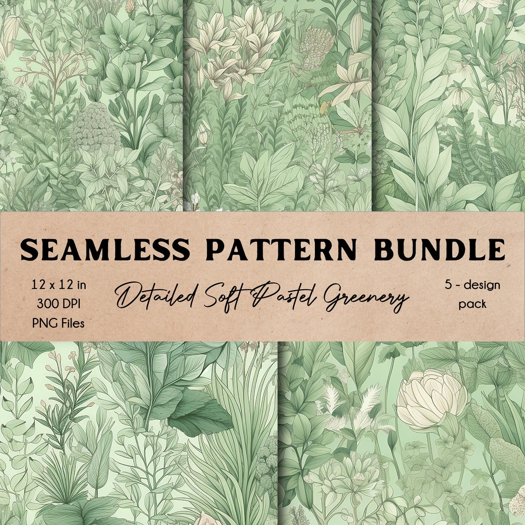 Detailed Soft Pastel Greenery Digital Paper Set Seamless Pattern Bundle ...