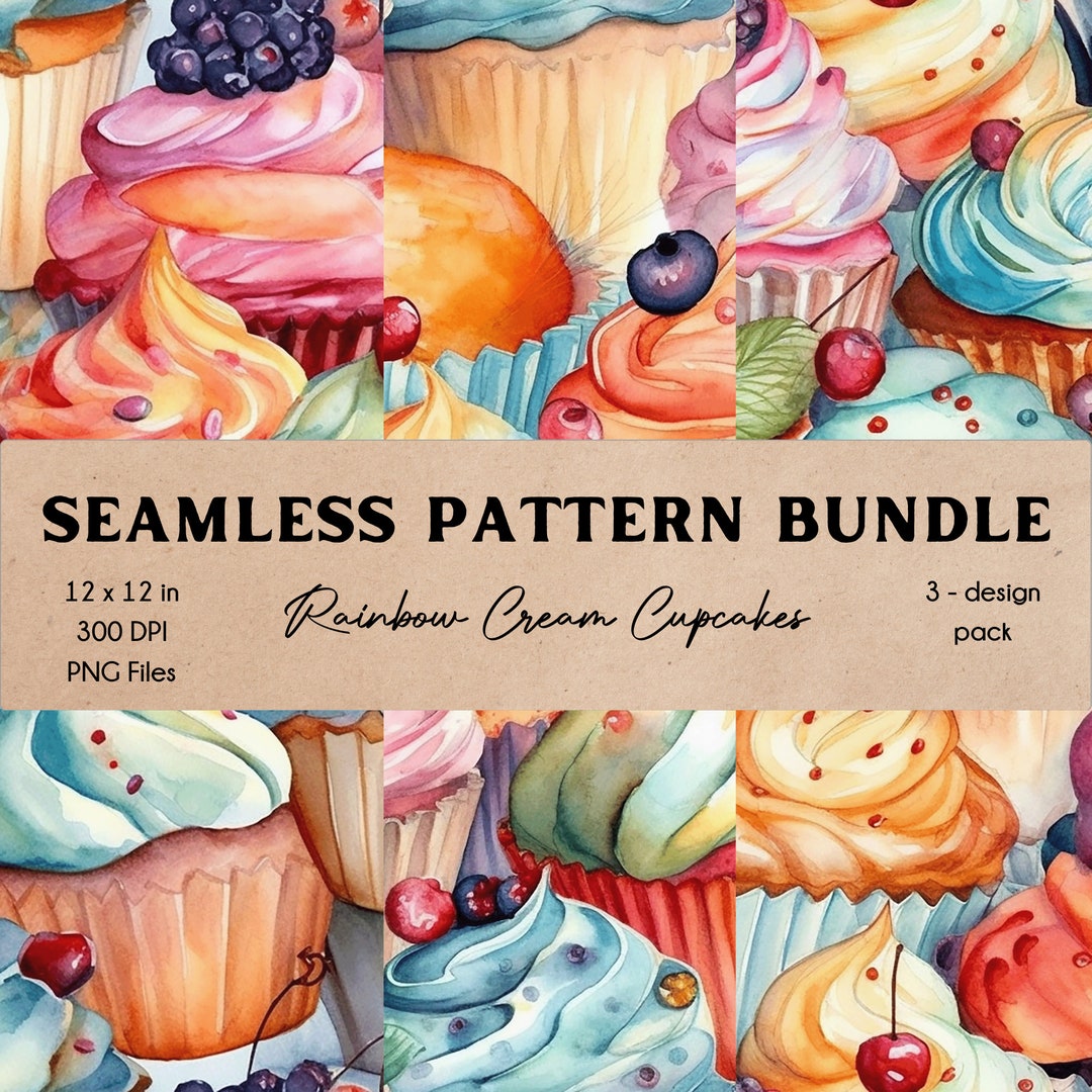 Rainbow Cream Cupcakes Seamless Pattern Bundle Digital Papers Colorful ...