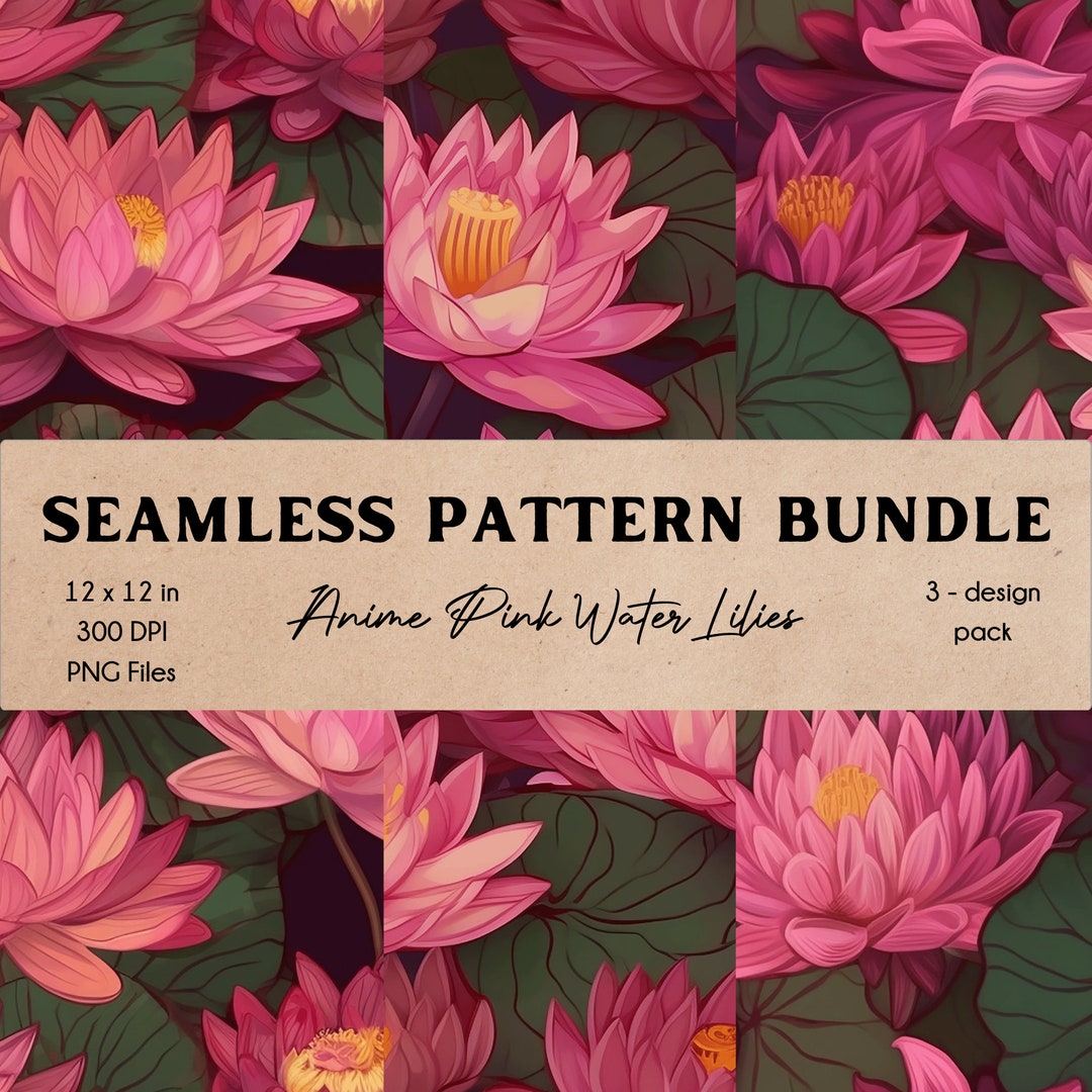 Anime Pink Water Lilies Art Designs Endless Patterns Digital Paper Set ...