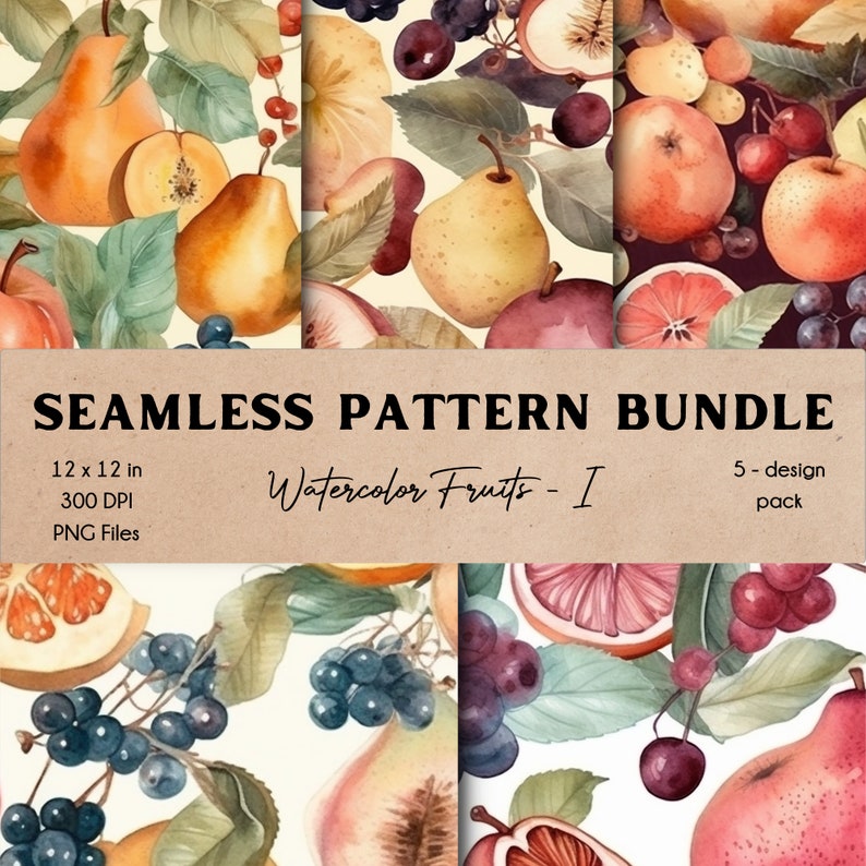 Watercolor Fruits - I Digital Paper Set Seamless Pattern Bundle Soft ...