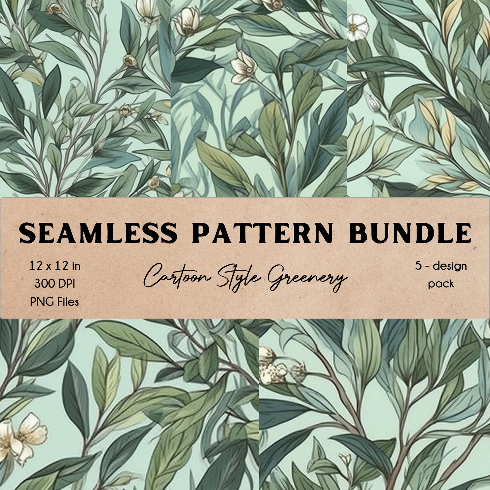 Cartoon Style Greenery Seamless Pattern Floral Art Prints Digital ...