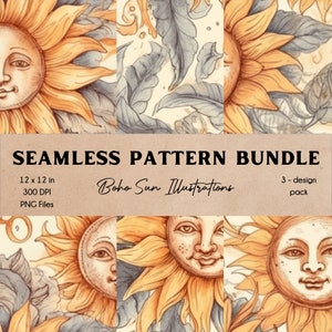 Boho Sun Illustrations Digital Paper Set Seamless Pattern Bundle ...