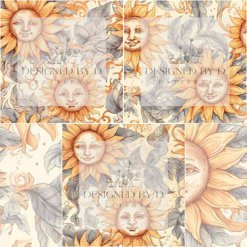 Boho Sun Illustrations Digital Paper Set Seamless Pattern Bundle ...