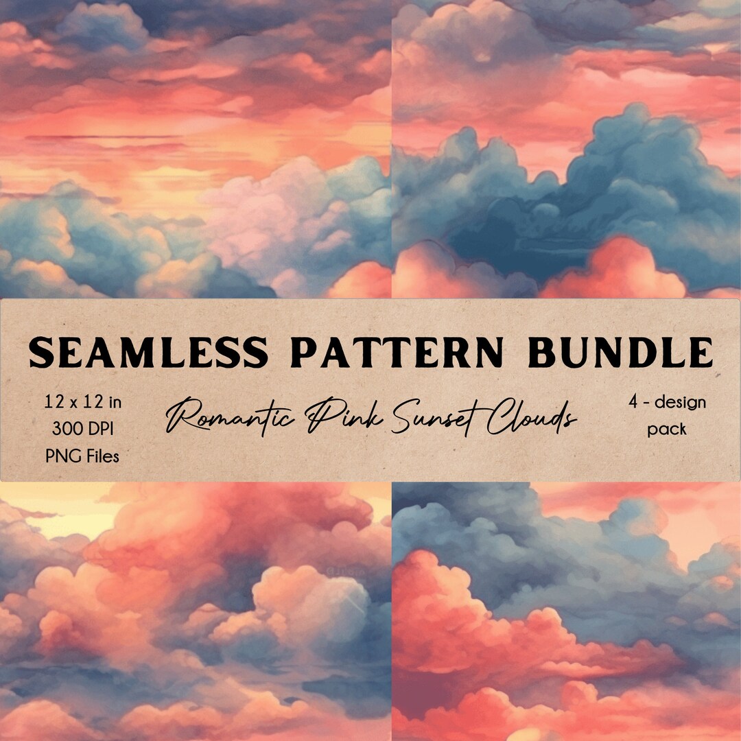 Romantic Pink Sunset Clouds Digital Paper Set Seamless Pattern Bundle ...