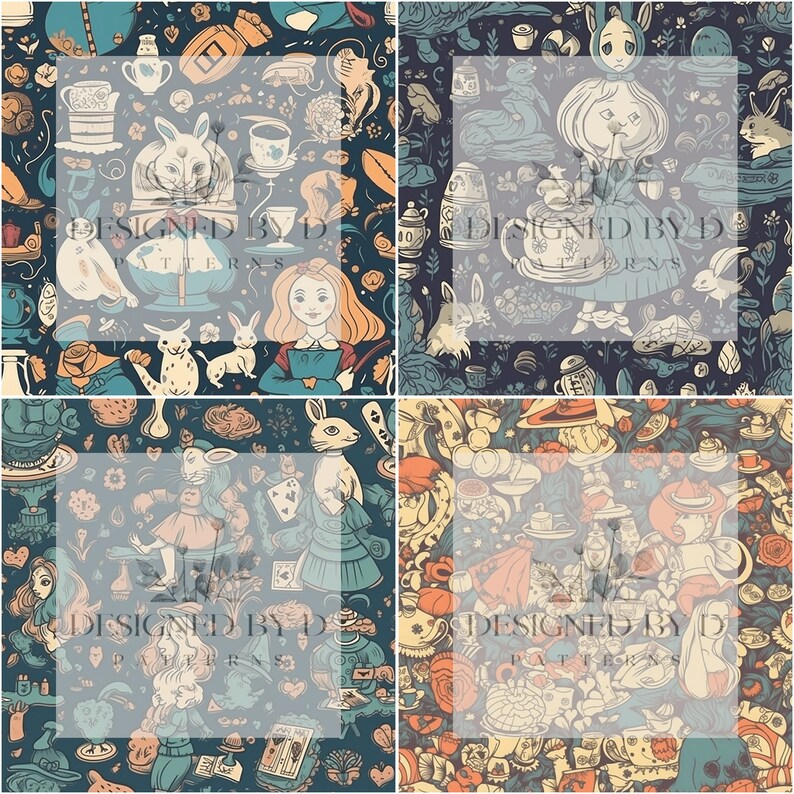 Alice in Wonderland Art Designs Endless Patterns Digital Paper Set ...