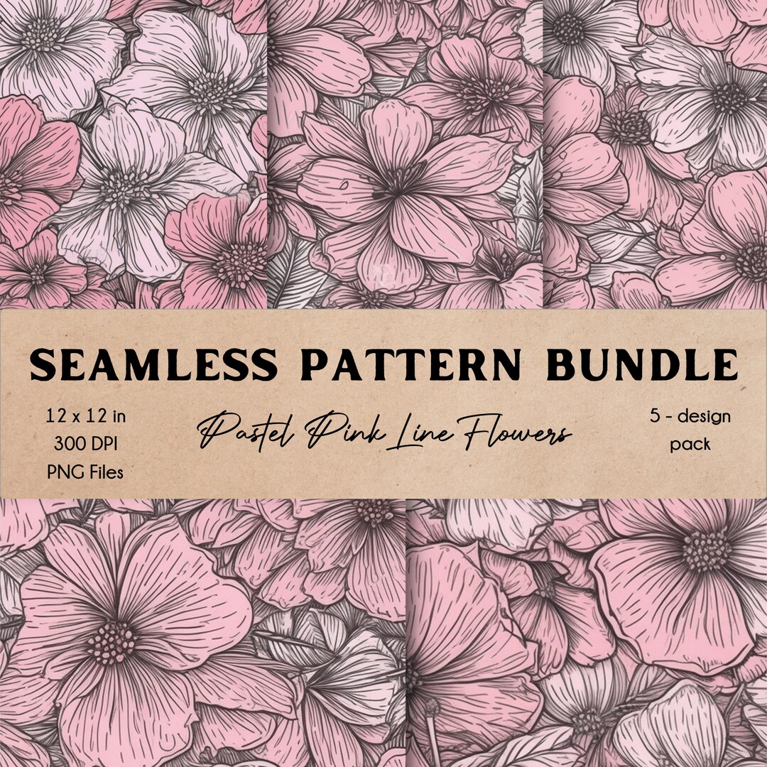 Pastel Pink Line Flowers Seamless Pattern Set Commercial Use Digital ...