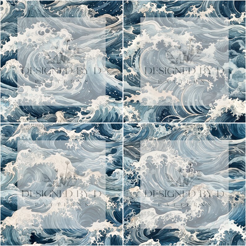 Deep Blue Ocean Waves Seamless Patterns Digital Paper 5-pack Commercial ...