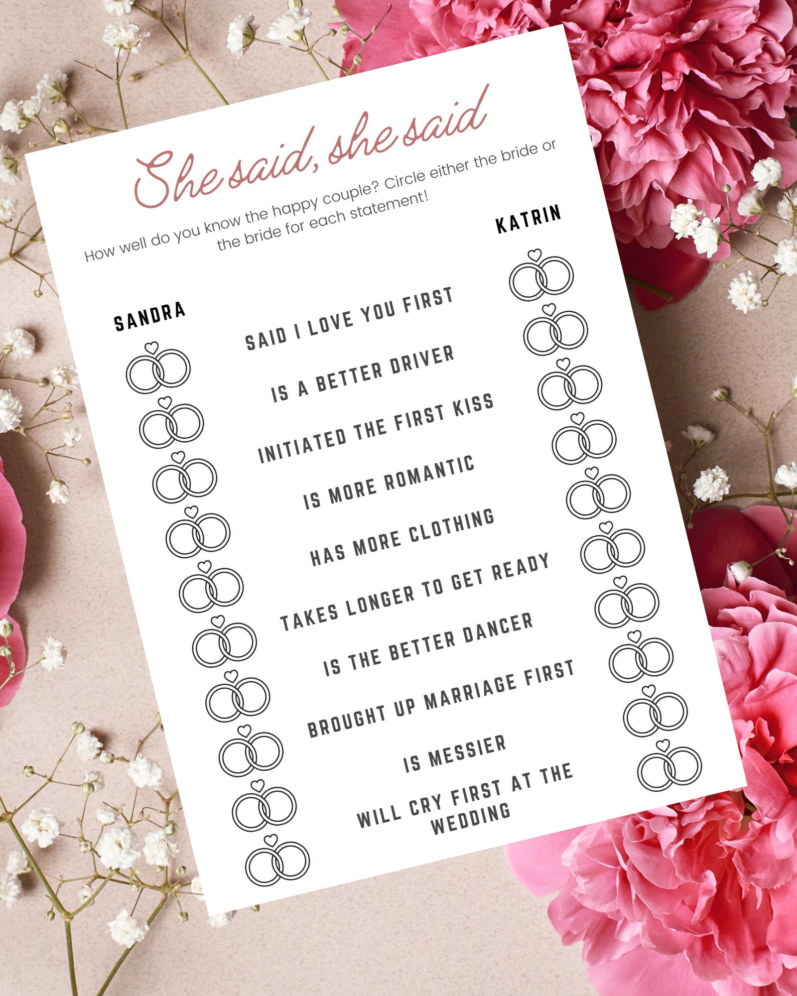 Bride or Bride Shower Game, Wedding Questions, Guess Who, Who Knows the ...