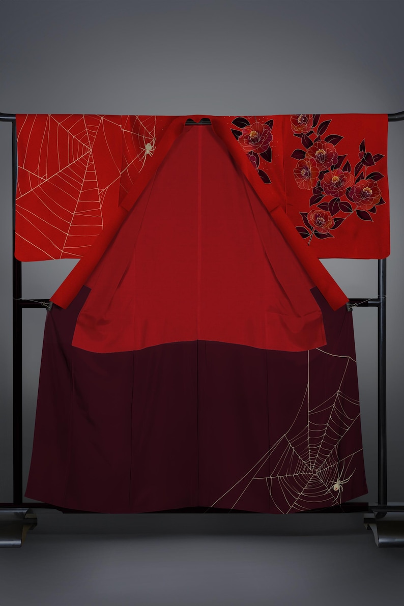 Kimono "red Tsubaki” Polyester Kimono / Cotton Yukata / Plus Size ...