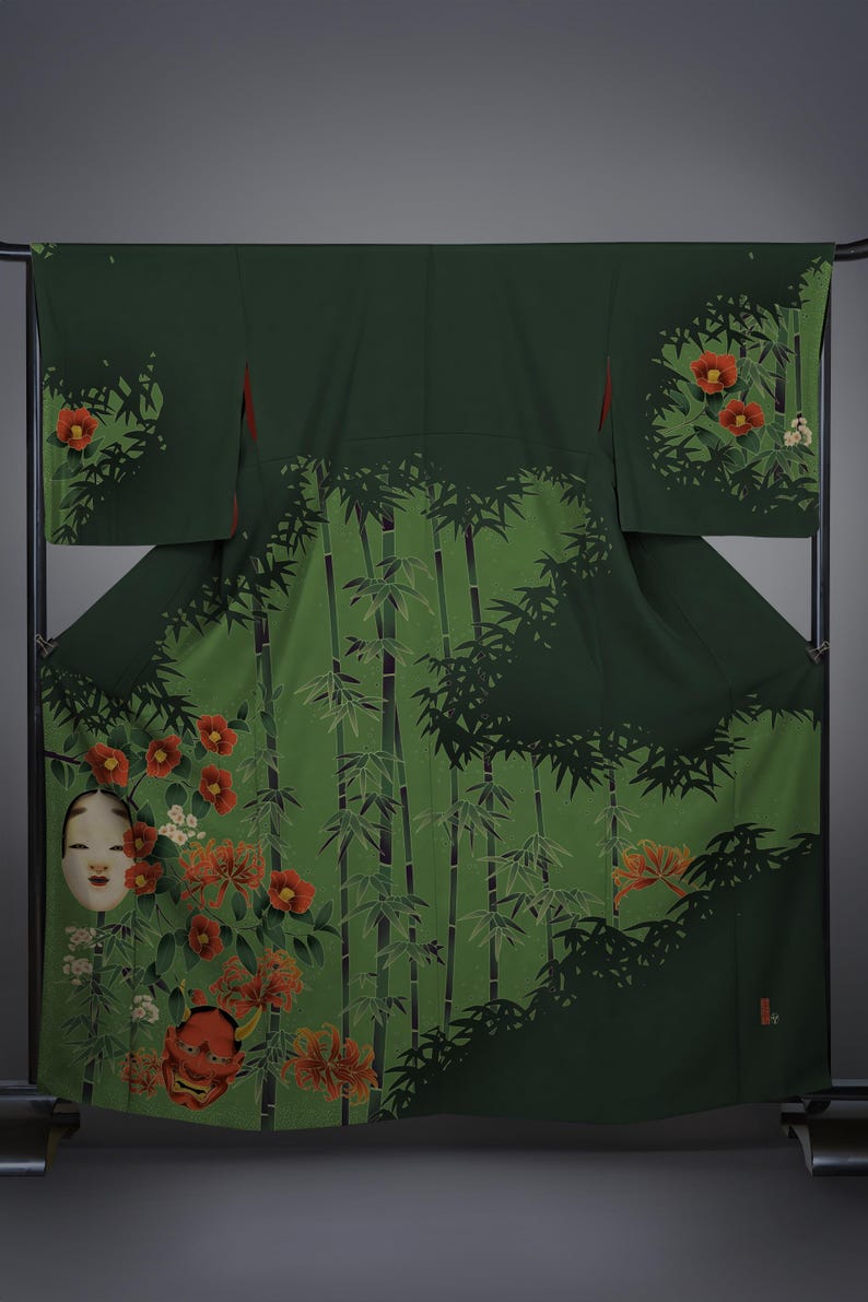 Handprinted Noh Tsubaki Kimono, Polyester Cotton Yukata, Custom Plus ...