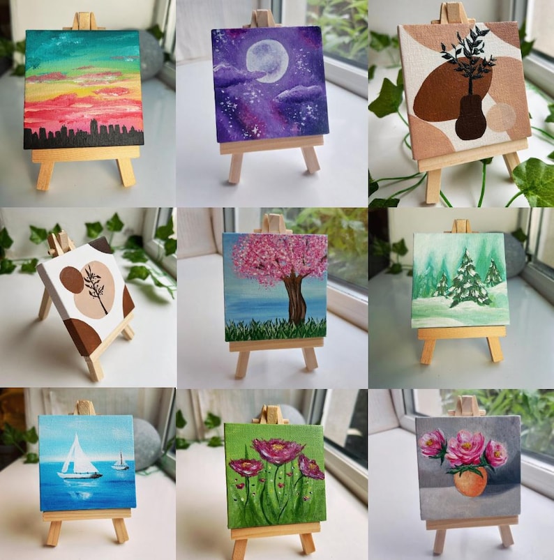 Original Paintings on Canvas With Easel Handmade Gift Home, Mini Painting Modern Art, Decor - Etsy