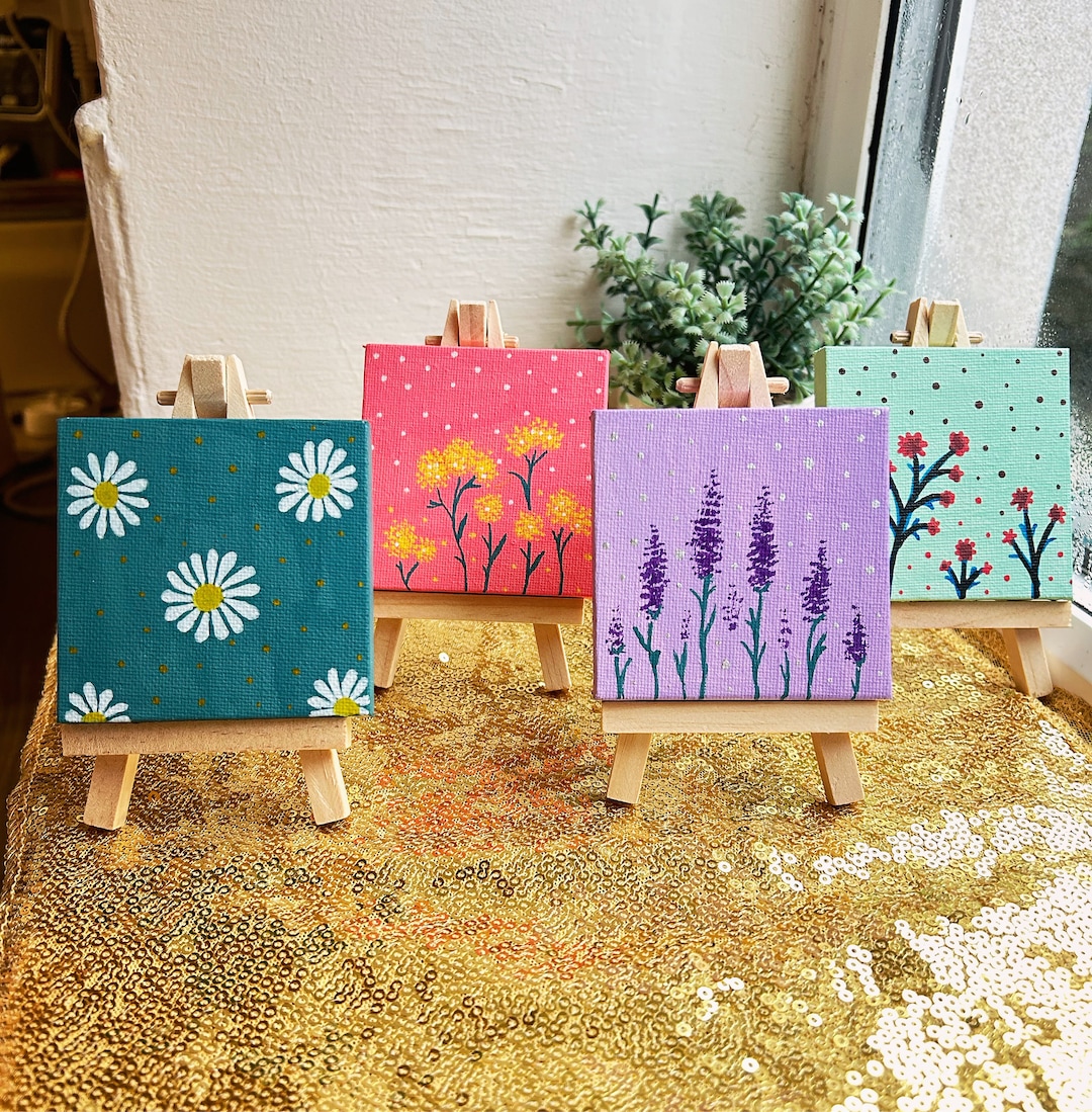 Mini Canvas Floral Painting With Easel, Handmade Gift, Made to Order ...