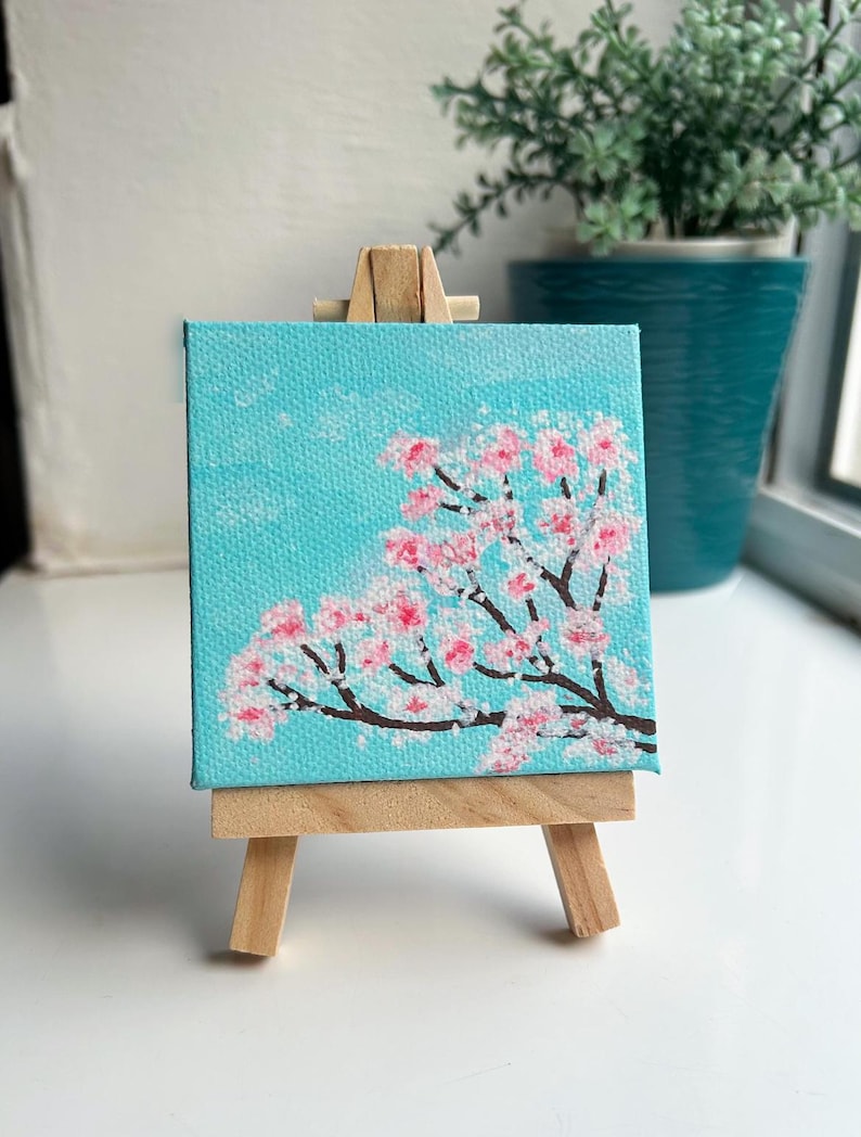Cherry Blossom Acrylic Painting on Easel: Mini Canvas Art - Etsy