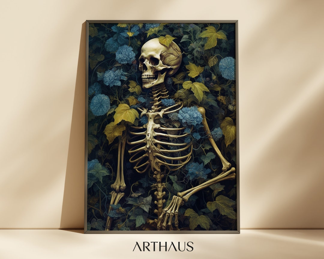 Dark Academia Skeleton | Dark Gothic Wall Art | Floral Goth Decor ...