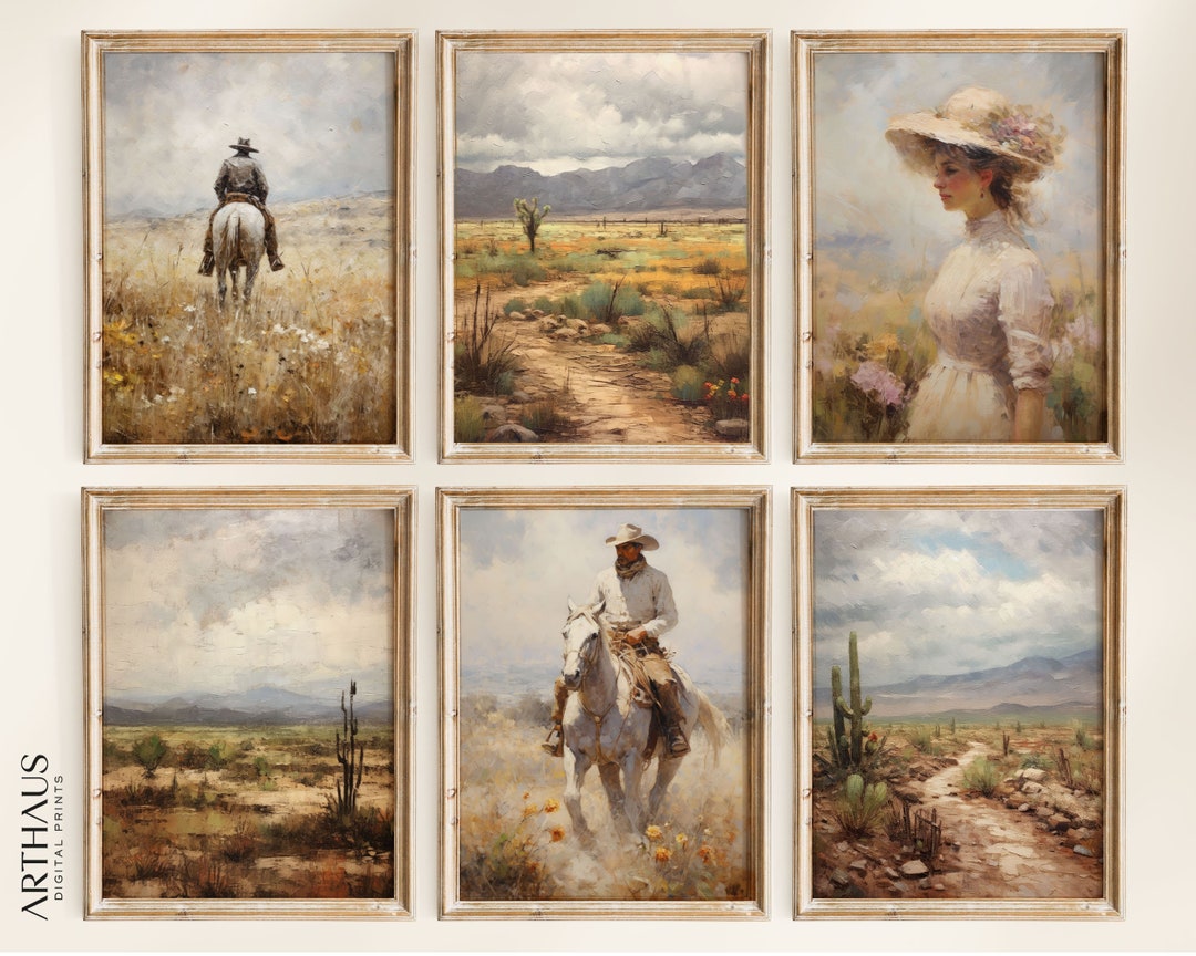 Vintage Cowboy Oil Painting Gallery Set Western Wall Art Neutral ...