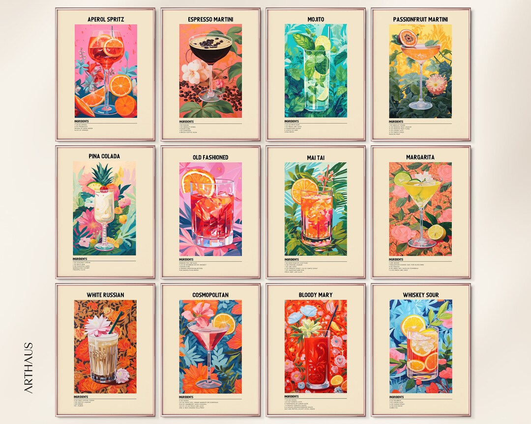 Cocktail Print Set of 12, Colorful Bar Cart Gallery Wall Set, Retro ...