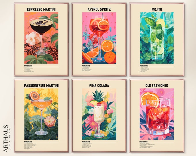 Cocktail Print Set of 6, Colorful Bar Cart Gallery Wall Set, DIGITAL ...
