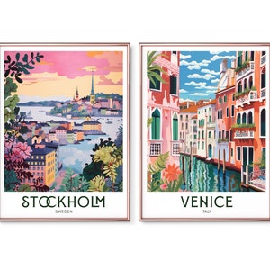 12 Retro European Travel Wall Art Colorful Retro City Art Vintage ...