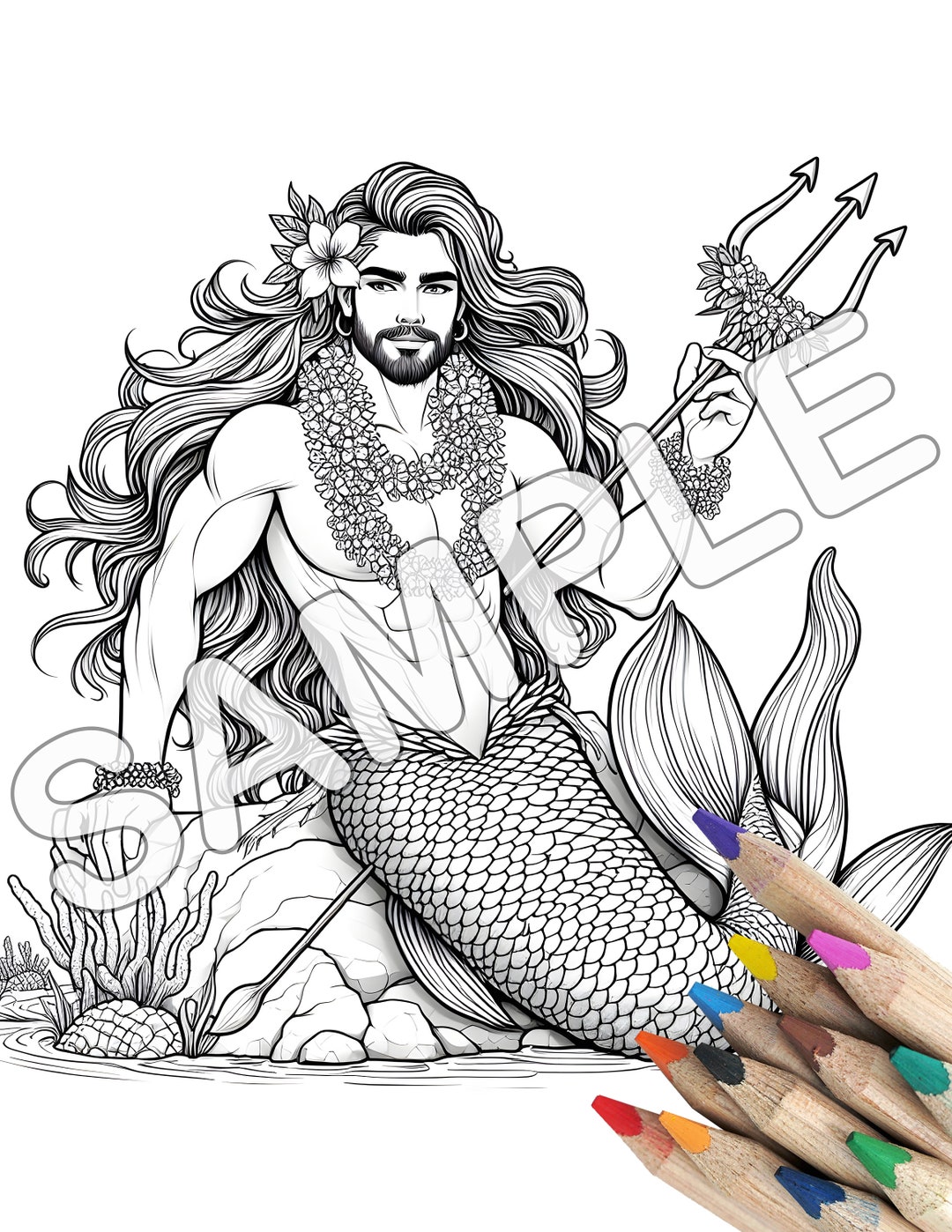 Gorgeous & Handsome Merman Printable Coloring Page - Etsy