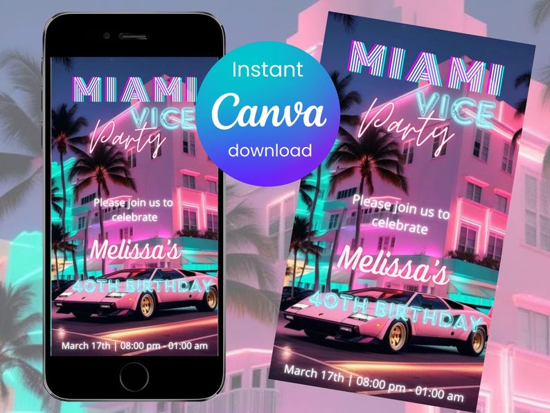 Miami Vice Mobile Digital Birthday Invitation! - Etsy